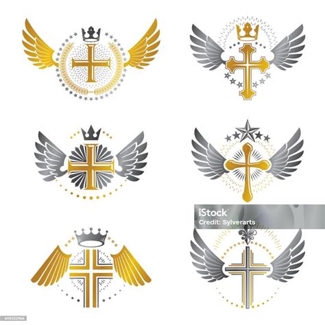 기독교 상징의 십자가 설정합니다 전 령 벡터 디자인 요소 컬렉션입니다 레트로 스타일 레이블 문장 학 로고입니다 0명에 대한 스톡 벡터 아트 및 기타 이미지 Istock