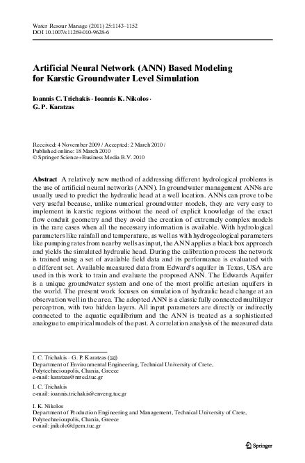 Pdf Artificial Neural Network Ann Based Modeling For Karstic