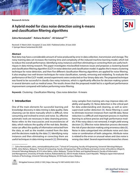 Pdf A Hybrid Model For Class Noise Detection Using K Means And Vol0123456789 Sn Applied