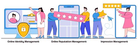 온라인 Id 관리 온라인 평판 관리 작은 사람들과 의노출 관리 개념 웹 존재 설립 Crm 소프트웨어 자기 프리젠 테이션 추상 벡터 일러스트 레이션 세트 비즈니스에 대한 스톡