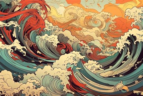Premium Ai Image Red And Orange Surf Waves In An Abstract Pattern In The Style Of Unique Yokai
