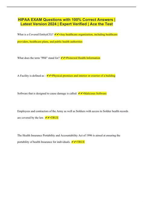 Hipaa Exam Questions With 100 Correct Answers Latest Version 2024 Expert Verified Ace The