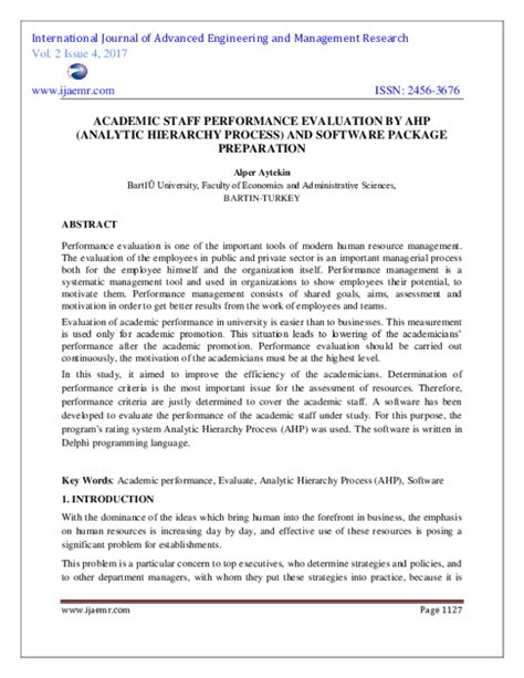 Pdf Academic Staff Performance Evaluation By Ahp Analytic Hierarchy Process And Software
