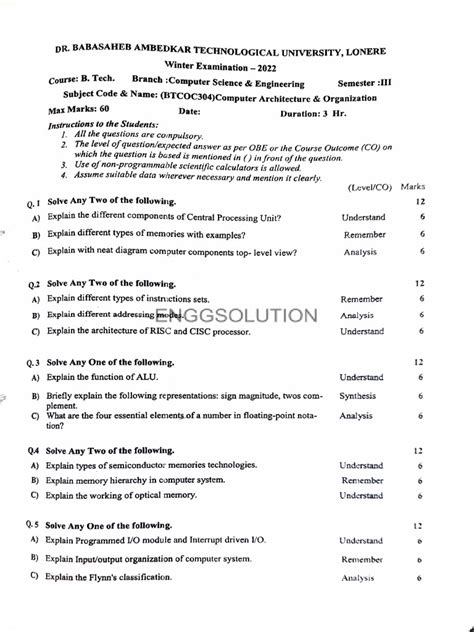 Dbatu Cao Question Paper 2022 Pdf Central Processing Unit Computer Architecture
