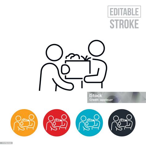 다른 사람에게 음식 상자를 기부하는 사람 가는 선 아이콘 편집 가능한 획 공유 개념에 대한 스톡 벡터 아트 및 기타 이미지 공유 개념 도움의 손길 배달 Istock