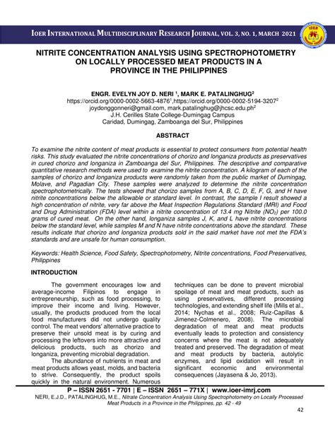 Pdf Nitrite Concentration Analysis Using Spectrophotometry On Locally Processed Meat Products