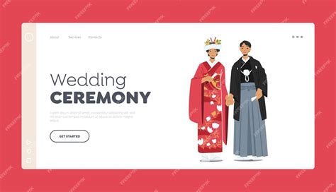 결혼식 방문 페이지 템플릿 아시아 전통과 문화 일본 커플은 전통 의상을 입습니다 프리미엄 벡터