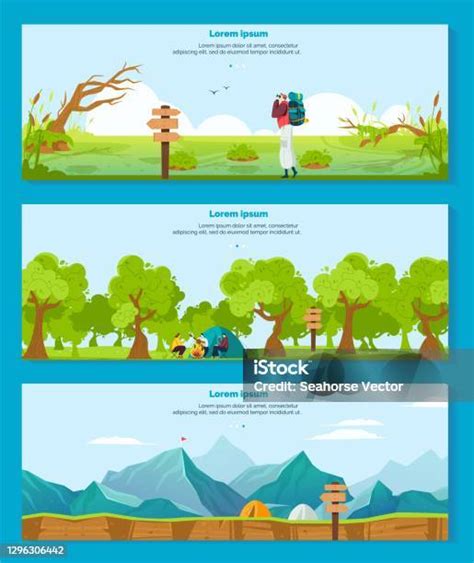 하이킹 캠핑 어드벤처 벡터 일러스트레이션 등산객 관광객 배낭 여행 야외 만화 플랫 배너 컬렉션 개념에 대한 스톡 벡터 아트 및 기타 이미지 Istock