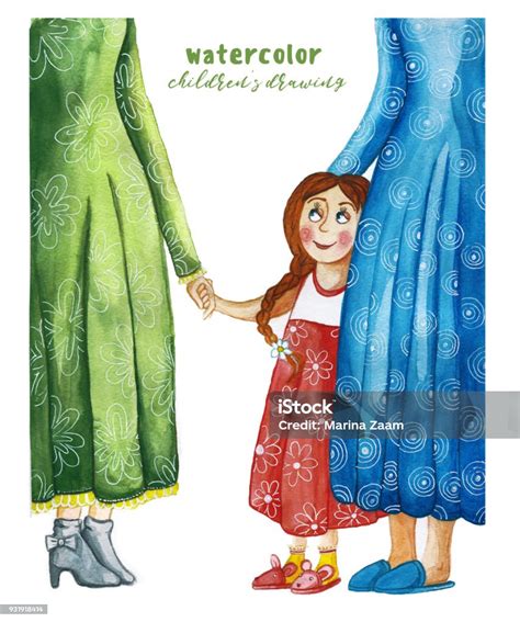 어머니와 아이 빨간 드레스와는 변 발에 여자와 간호사 간호사의 수채화 어린이 그림 손으로 여자를 보유 하 고 어머니는 간호사 관계의 심리학 그림 엽서 책에 대 한 신뢰 땋은