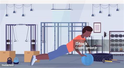 스포티 남자 일 피트 니스 운동 의학 가죽 볼 아프리카계 미국인 남자 훈련 심장 운동 개념 현대 체육관 건강 스튜디오 클럽 인테리어 가로 전체 길이 개념에 대한 스톡 벡터