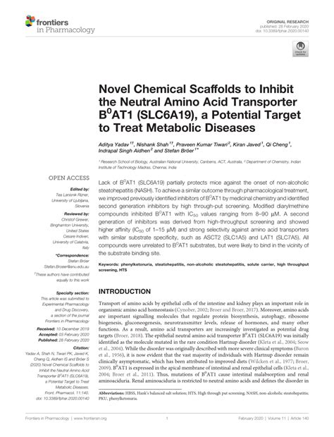Pdf Novel Chemical Scaffolds To Inhibit The Neutral Amino Acid Transporter B0at1 Slc6a19 A