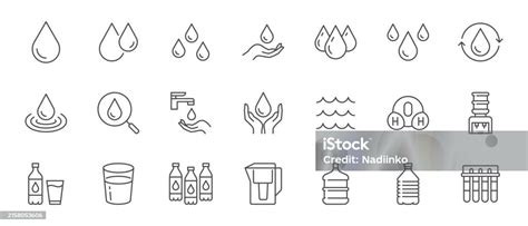급수관 아이콘 세트 비 방울 유리 H2o 분자 정화 필터 순수 아쿠아 개요 벡터 일러스트 레이 션 음료에 대한 선형 픽토그램 편집 가능한 획 아이콘에 대한 스톡 벡터 아트