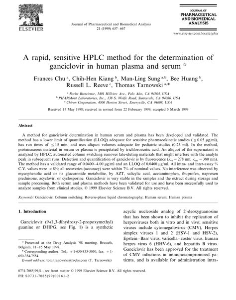 Pdf A Rapid Sensitive Hplc Method For The Determination Of Ganciclovir In Human Plasma And Serum