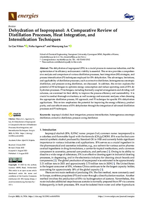 Pdf Dehydration Of Isopropanol A Comparative Review Of Distillation Processes Heat