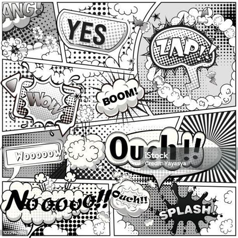 흑백 만화 페이지 는 음성 거품과 소리 효과 라인으로 나누어 그림 검은색에 대한 스톡 벡터 아트 및 기타 이미지 검은색