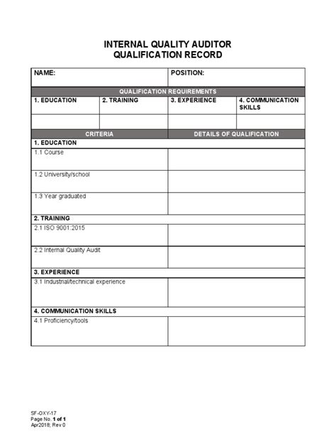 Internal Quality Auditor Qualification Record Pdf