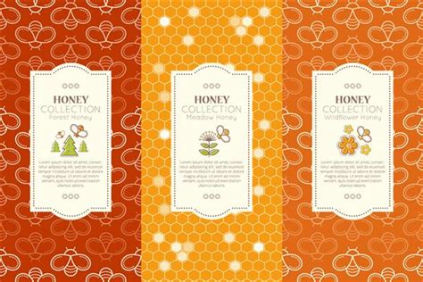 قالب بسته بندی وکتور با الگوهای بدون درز مجموعه زنبورداری انواع عسل طبیعی پالت رنگ گرم از رنگ