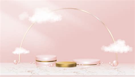핑크와 옐로우 골드 실린더 스탠드에 진주와 구름 로즈 골드 호일 대리석 무대 받침대 플랫폼 제품 프리젠 테이션 화장품 또는 스파
