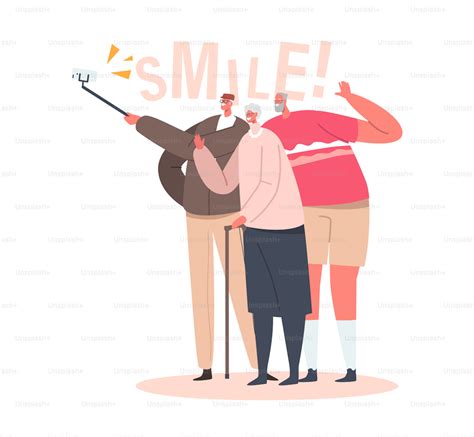 노인들은 하얀 배경에 고립된 셀카를 만든다 쾌활한 선배 캐릭터들이 모여 함께 즐거운 시간을 보내며 오랜 추억을 위해 사진을 찍는다 만화 사람들 벡터 일러스트레이션