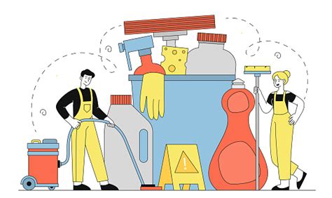 청소 장비를 가진 사람들 진공 청소기를 가진 남자와 스폰지와 세제가 든 양동이 근처에서 걸레를 가진 여자 청결과 위생 위생 선형