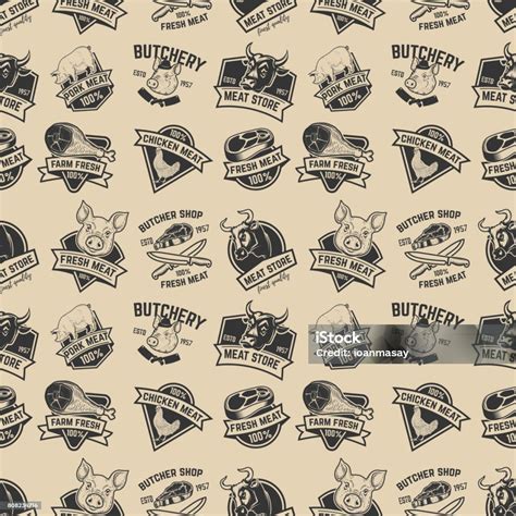 신선한 고기 고기 저장소의 설정 완벽 한 패턴을 라벨 포스터 포장지 디자인 요소입니다 벡터 일러스트 레이 션 합병과 인수에 대한 스톡 벡터 아트 및 기타 이미지 Istock