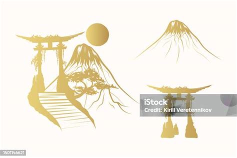 황금 도리이 태양 분재 나무와 산 티셔츠 프린트 및 스티커를 위한 일본 예술 손으로 그린 벡터 그림은 흰색 배경에 분리되어 있다 고대의에 대한 스톡 벡터 아트 및 기타