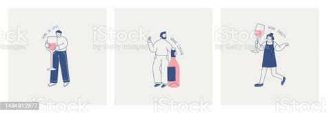 거대한 잔과 와인 병을 가진 귀여운 캐릭터의 삽화 세트 레터링 와인 사랑 와인 애호가 그리고 와인 파티 엽서 포스터 또는 초대장 디자인 와인에 대한 스톡 벡터 아트 및 기타