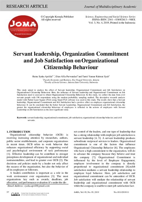 Pdf Servant Leadership Organization Commitment And Job Satisfaction On Organizational