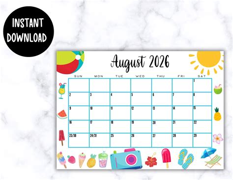 Editable Printable August Calendar 2026 Cute Summer Themed August