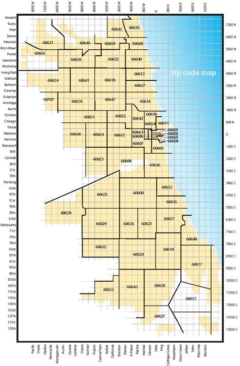 Map Showing Zip Code Areas And Major Streets Of The Chicago Street Grid