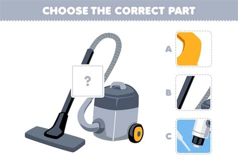 어린이를 위한 교육 게임은 올바른 부분을 선택하여 귀여운 만화 진공 청소기 그림 도구 워크시트를 완성합니다 프리미엄 벡터