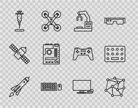 Set Line Rocket Ship With Fire Neural Network Robotic Robot Arm Hand Factory Keyboard Mouse