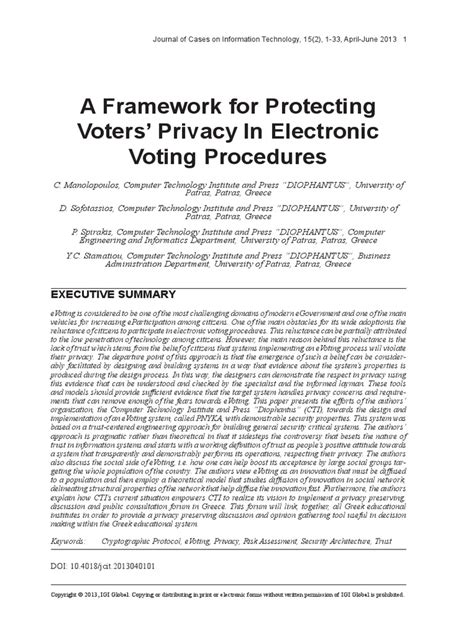 A Framework For Protecting Voters Privacy In Electronic Voting Procedures Pdf Electronic