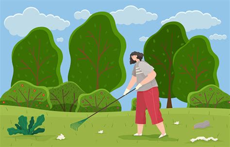 여성 캐릭터는 봄에 공원이나 초원에 갈퀴와 플라스틱과 종이 폐기물을 제거하고 있다 가공의 인물에 대한 스톡 벡터 아트 및 기타 이미지 가공의 인물 갈퀴 개념 Istock