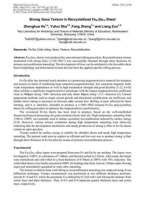 Strong Goss Texture In Recrystallized Fe81ga19 Sheet Scientificnet