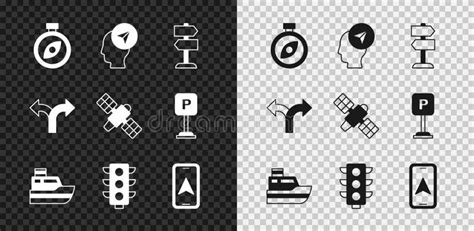 Set Compass Location With Person Road Traffic Sign Ship Line Path Traffic Light City Map