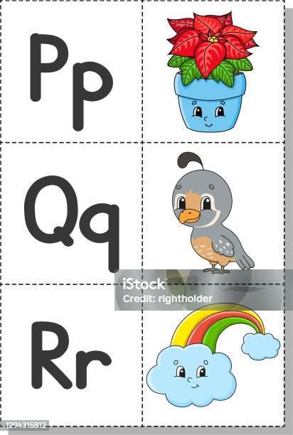 만화 문자와 영어 알파벳 플래시 카드 벡터 집합입니다 밝은 색상 스타일 Abc를 알아보십시오 소문자 및 대문자 문자 개체 그룹에 대한 스톡 벡터 아트 및 기타 이미지