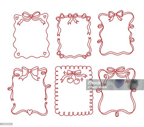 요괴 예쁜 매력적인 빨간 활과 리본이 있는 프레임 세트입니다 손으로 그린 트렌디 한 리본 테두리 인사말 카드 결혼식 초대장을 위한 빈티지 요소 소셜 미디어 장식 템플릿에