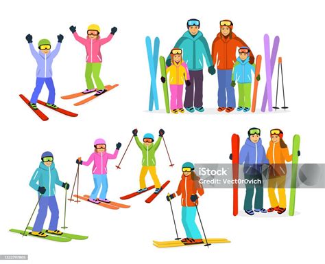 남자 여자 소년과 소녀 스키어 세트 커플 가족 및 어린이 겨울 재미 활동 컬렉션 가족에 대한 스톡 벡터 아트 및 기타 이미지 가족 스키타기 단체 Istock