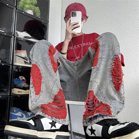 패션 데님 바지 힙합 바지 아메리칸 하이 스트리트 남성 청바지 대비 색상 찢어진 느슨한 패션 데님 바지 Aliexpress