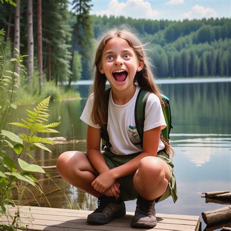 Funny Girl Naturalist At Summer Camp By The Lake Enjoying The Sun Ai Art Generator