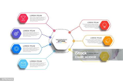 7 단계 흰색 배경에 현실적인 육각적 요소와 인포 그래픽 템플릿을 단계 비즈니스 프로세스 다이어그램 회사 프리젠 테이션 슬라이드 템플릿 최신 벡터 정보 그래픽 레이아웃