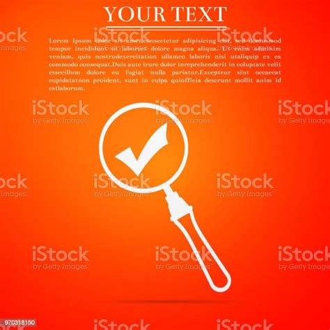 돋보기와 확인 표시 아이콘 오렌지 배경에 고립 돋보기와 승인 확인 틱 완성 된 기호 평면 디자인입니다 벡터 일러스트 레이 션 개념에 대한 스톡 벡터 아트 및 기타 이미지