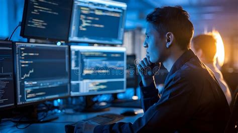 Focused Programmer Working Late At Night On Code Project Stock Illustration Illustration Of