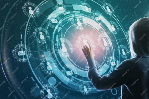 Premium Photo Hacker Hand Using Creative Social Network Interface On Dark Background Media Hr