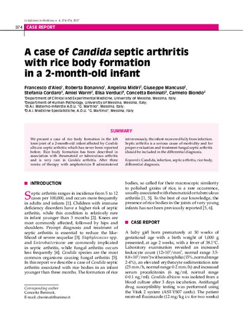 Pdf A Case Of Candida Septic Arthritis With Rice Body Formation In A 2 Month Old Infant
