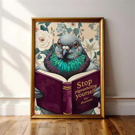 Funny Pigeon Reading A Book Art Poster Quirky Botanical And Bird Lover