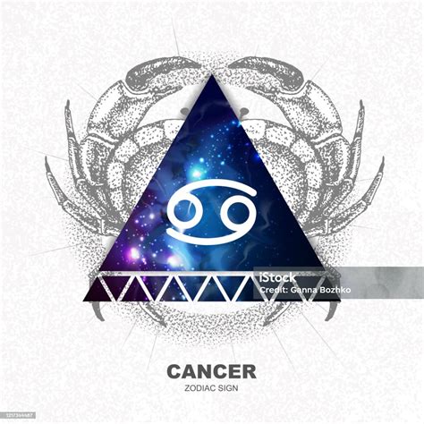 공간 배경에 점성술 암 조디악 기호와 현대 마술 마술 카드 현실적인 손 그리기 게 그림 점성술 기호에 대한 스톡 벡터 아트 및 기타 이미지 점성술 기호 게자리