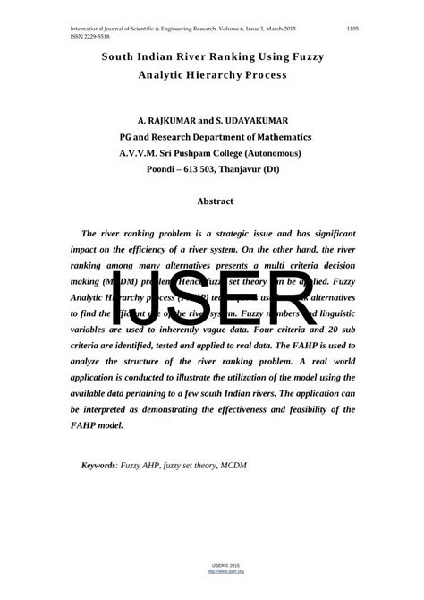 Pdf South Indian River Ranking Using Fuzzy Analytic Hierarchy