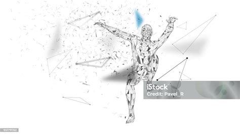 점프에 개념적 추상 남자입니다 입자 삼각형 점 선 연결 인공 지능 개념입니다 첨단 기술 벡터 디지털 배경입니다 3d 렌더링 벡터 일러스트 레이 션 가상현실에 대한 스톡 벡터